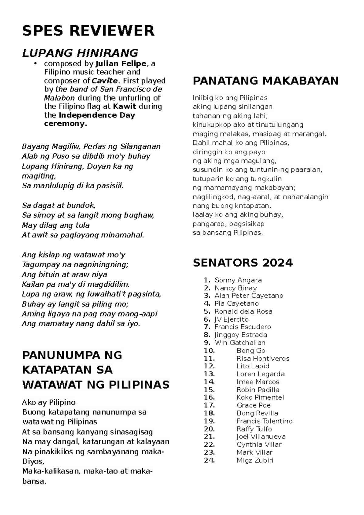 SPES2 - SPES REVIEWER LUPANG HINIRANG • composed by Julian Felipe, a ...