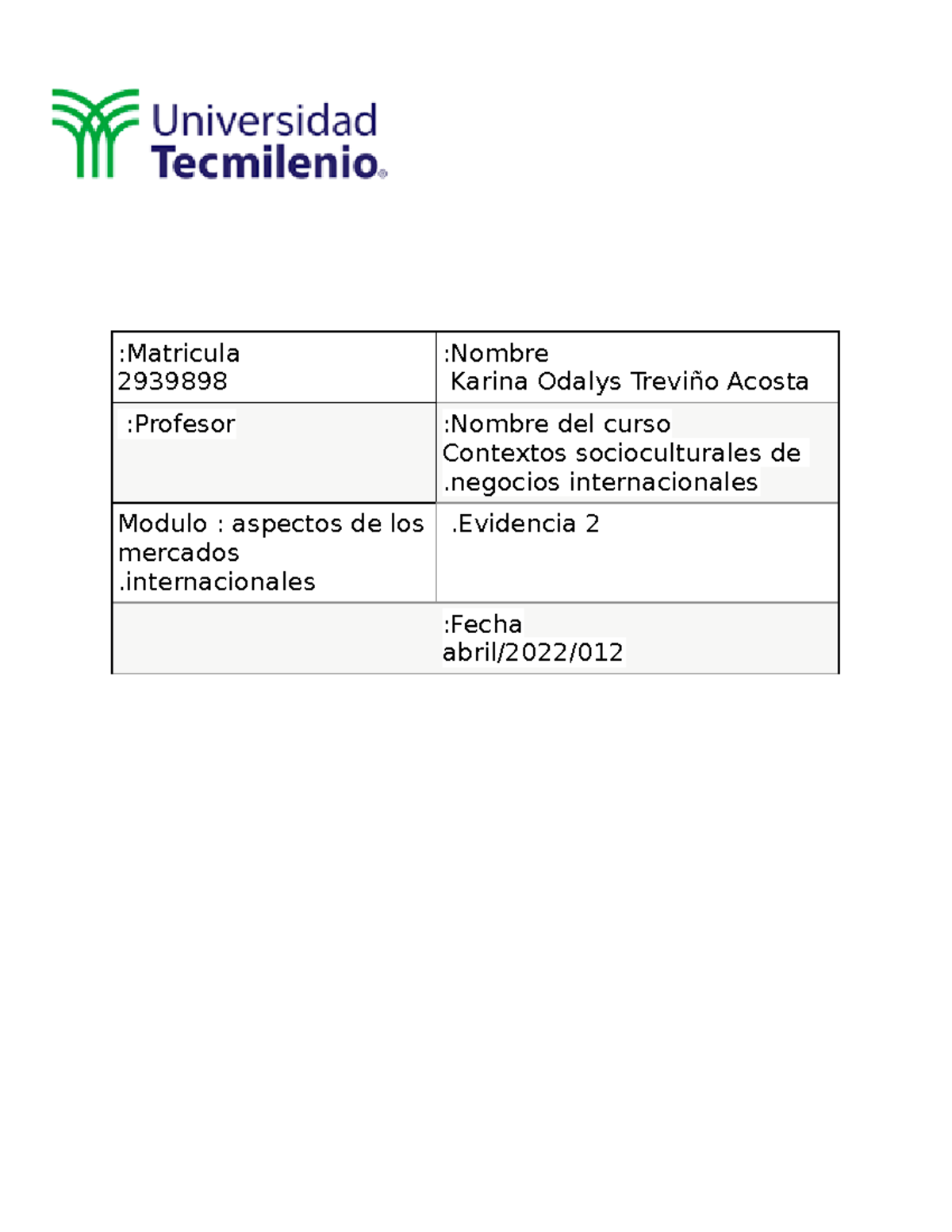 Evidencia 2 Negocios internacioles - :Nombre Karina Odalys Treviño ...