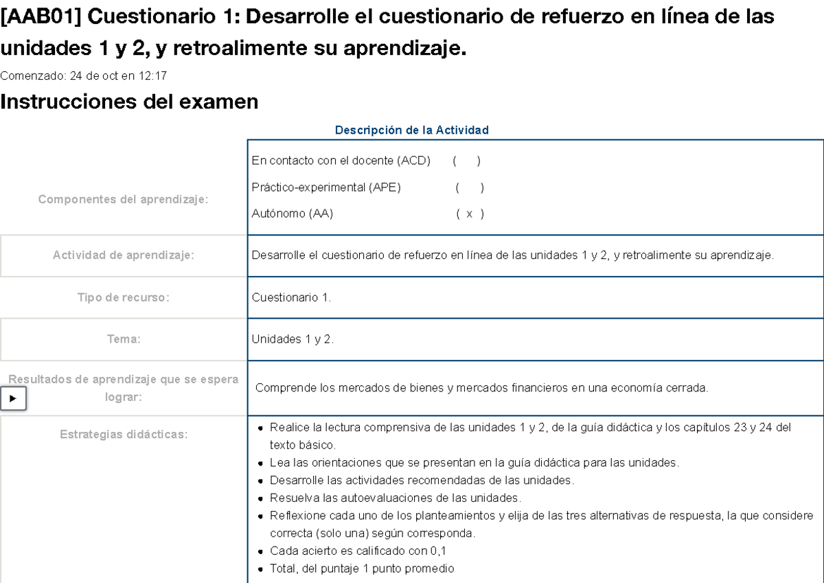 Examen [AAB01] Cuestionario 1 Desarrolle el cuestionario de refuerzo en ...