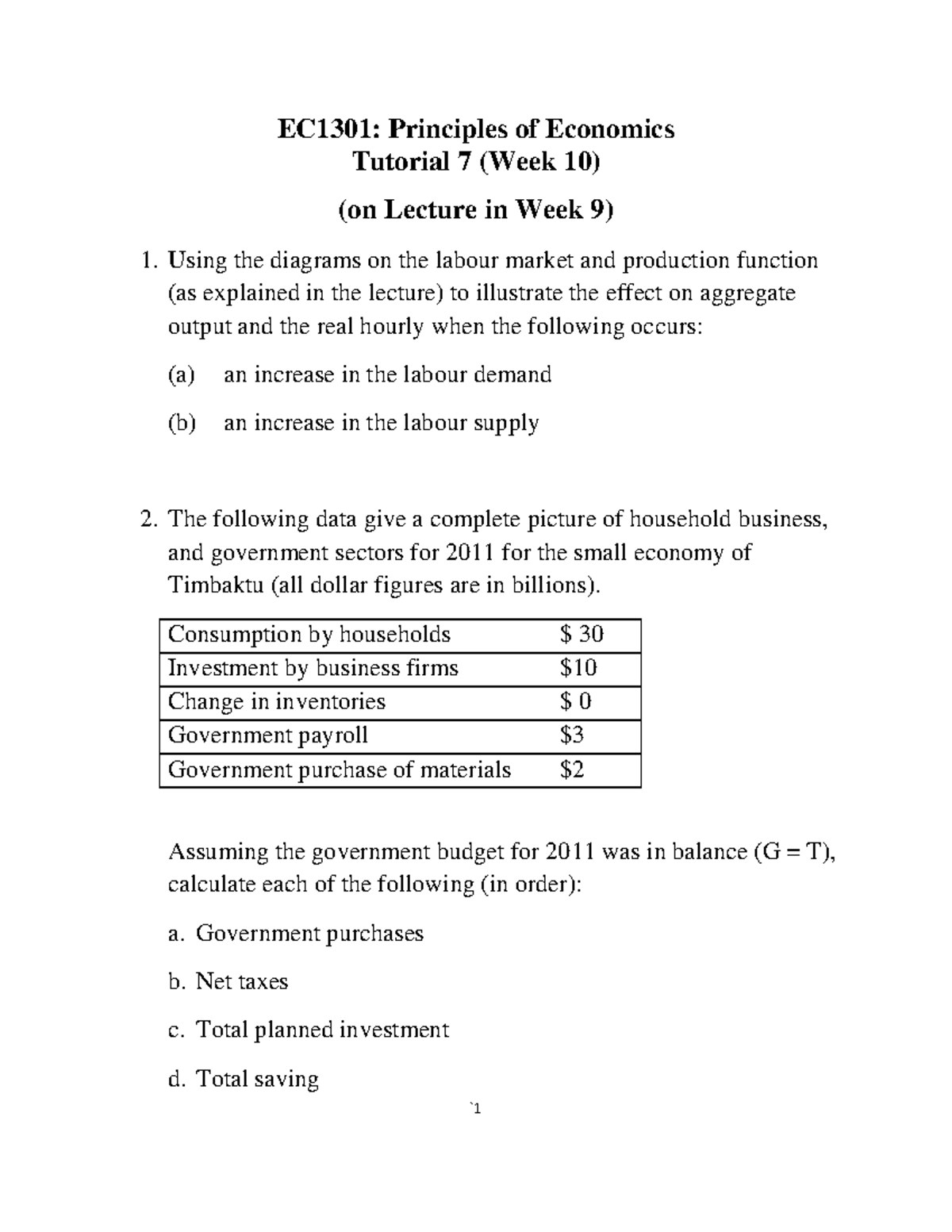 EC1301 - Tutorial 7 (Questions) - ` EC1301: Principles of Economics ...