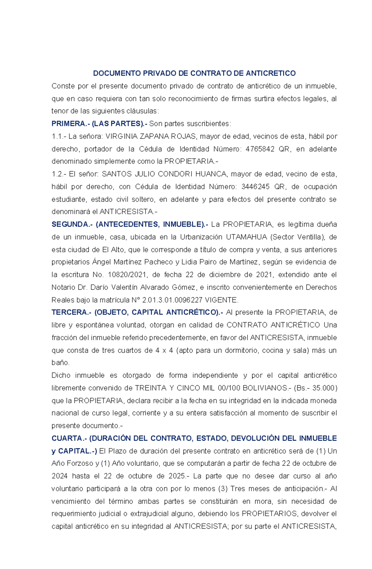 Contrato Anticretico Julio - Vicky - DOCUMENTO PRIVADO DE CONTRATO DE ...