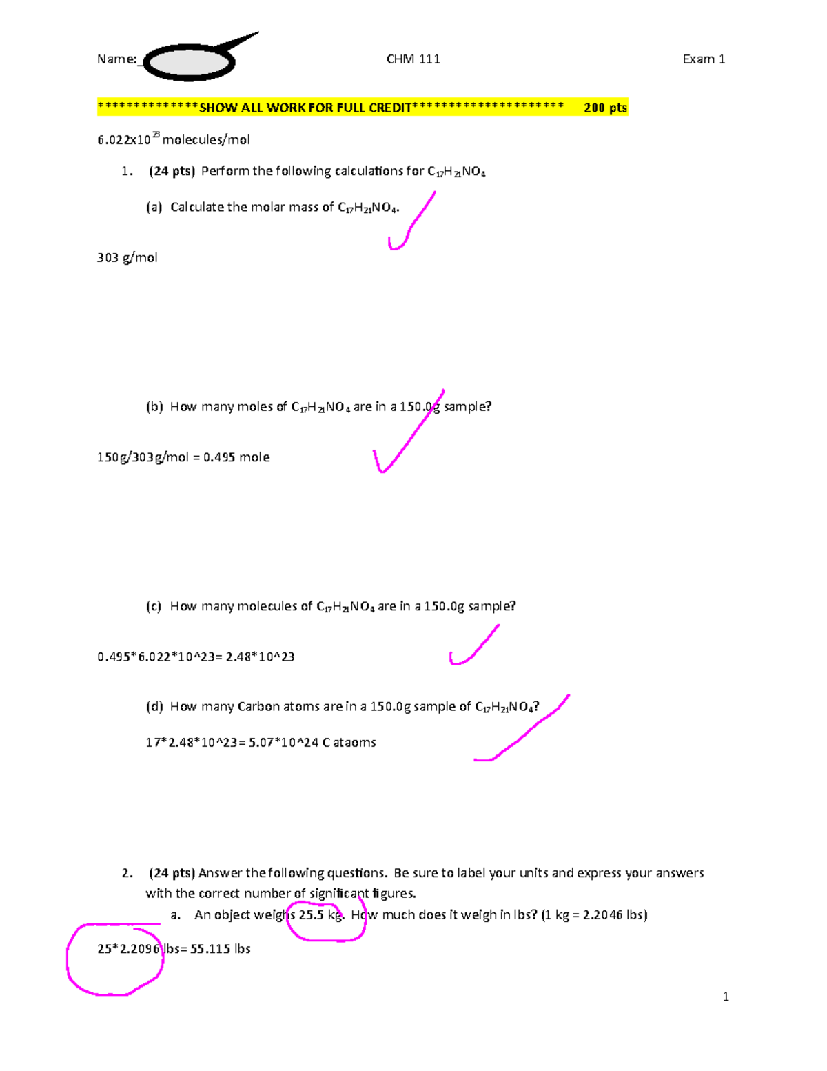 EXAM+1+CHM - test 1 - SHOW ALL WORK FOR FULL CREDIT******* 200 pts 6 23 ...