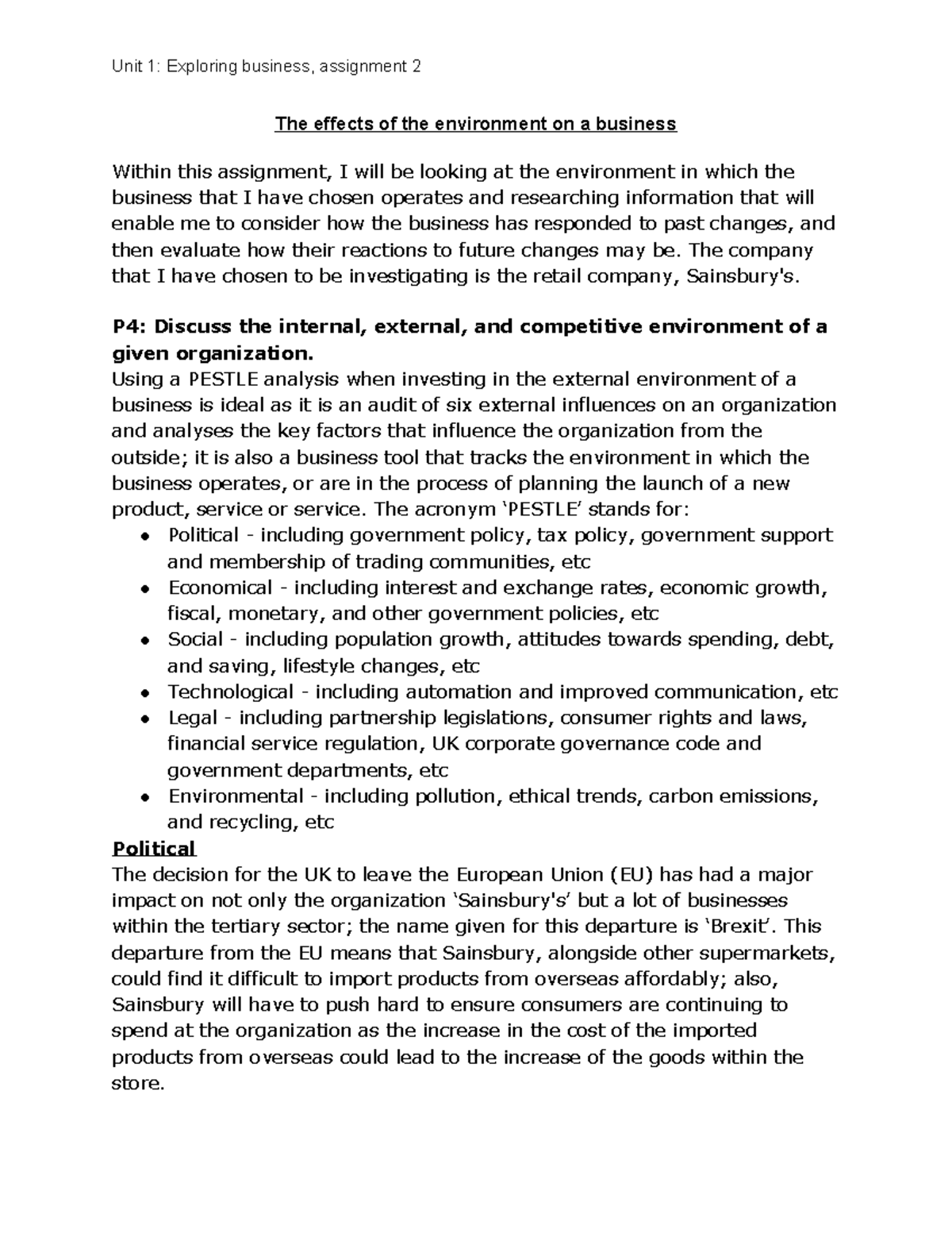 Unit 1 - assignment 2 - The effects of the environment on a business ...