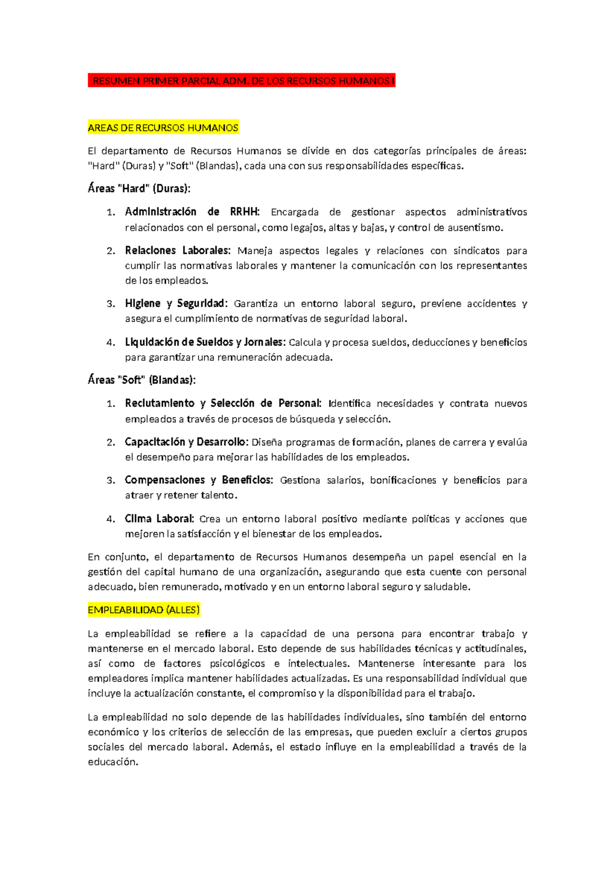 Resumen Primer Parcial ADM - RESUMEN PRIMER PARCIAL ADM. DE LOS RECURSOS HUMANOS I AREAS DE ...