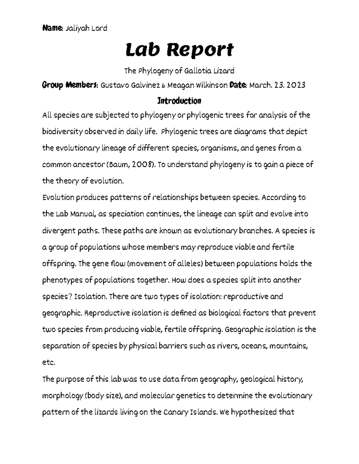 Biology Lab Report - Lab Report The Phylogeny of Gallotia Lizard Group ...