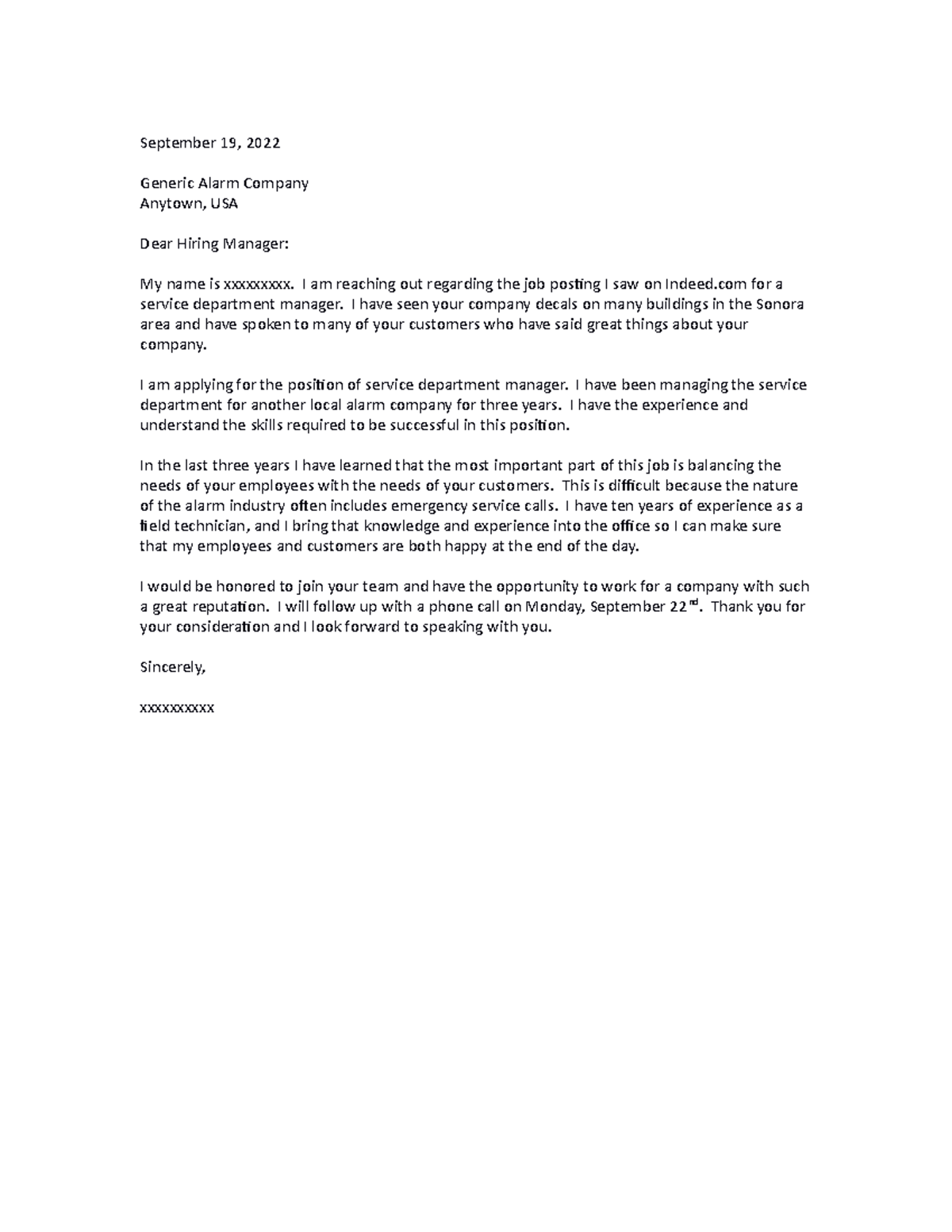 Alarm Company Cover Letter - September 19, 2022 Generic Alarm Company ...