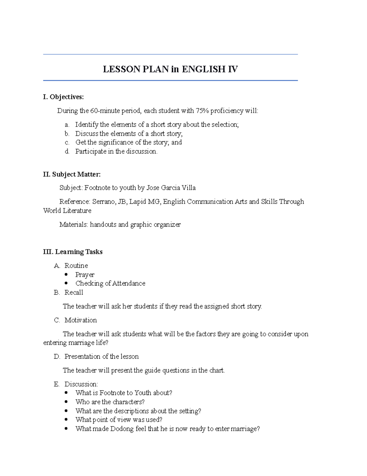 Lesson PLAN in English 8 - LESSON PLAN in ENGLISH IV I. Objectives ...