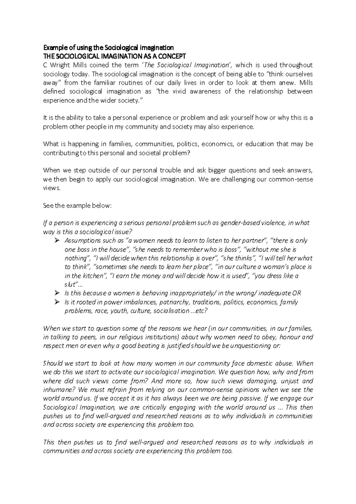 Example of using the Sociological imagination - The sociological ...