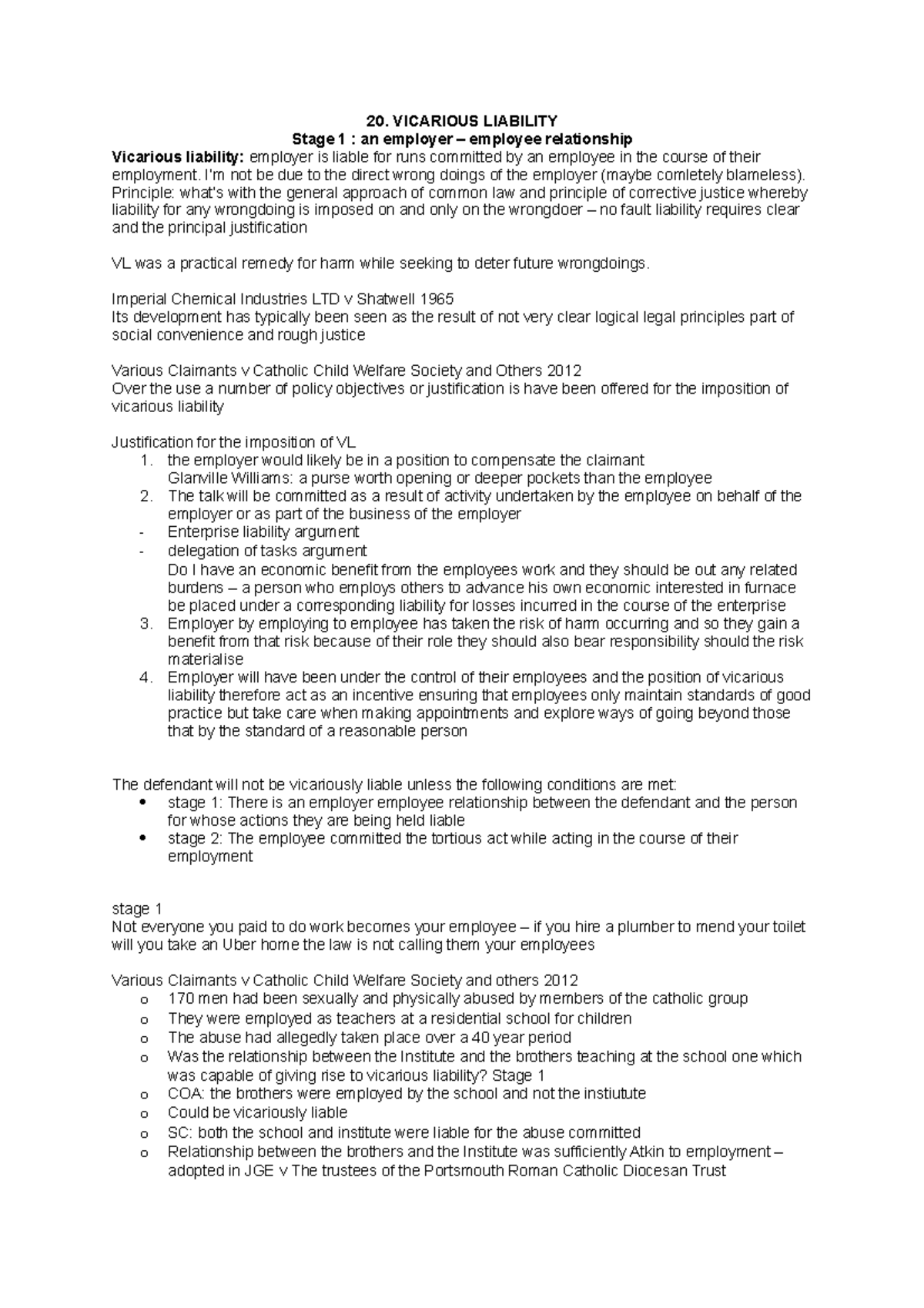 Vicarious liability detailed notes - 20. VICARIOUS LIABILITY Stage 1 ...