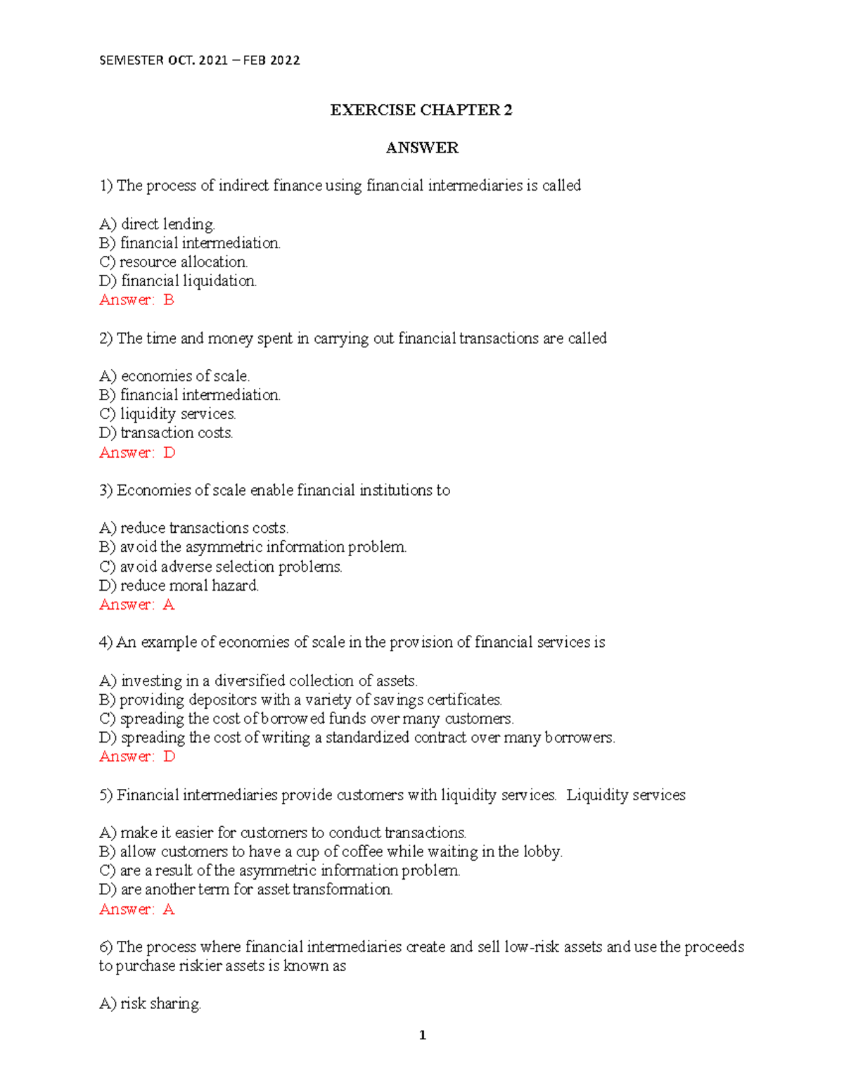 Exercise Chapter 2 Answer - EXERCISE CHAPTER 2 ANSWER The process of indirect finance using ...
