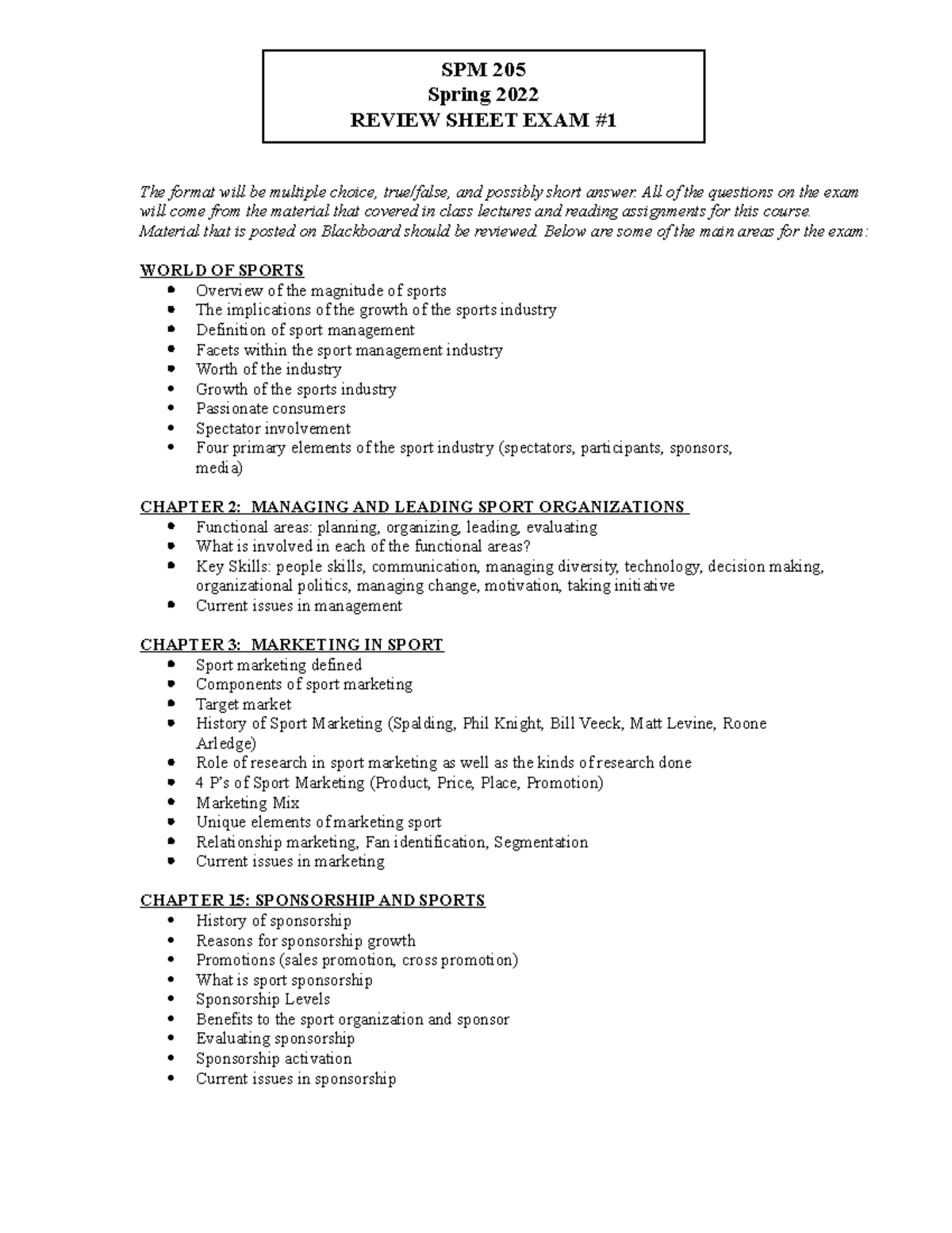 Exam 1 Review sheet Spring 2022 - The format will be multiple choice ...