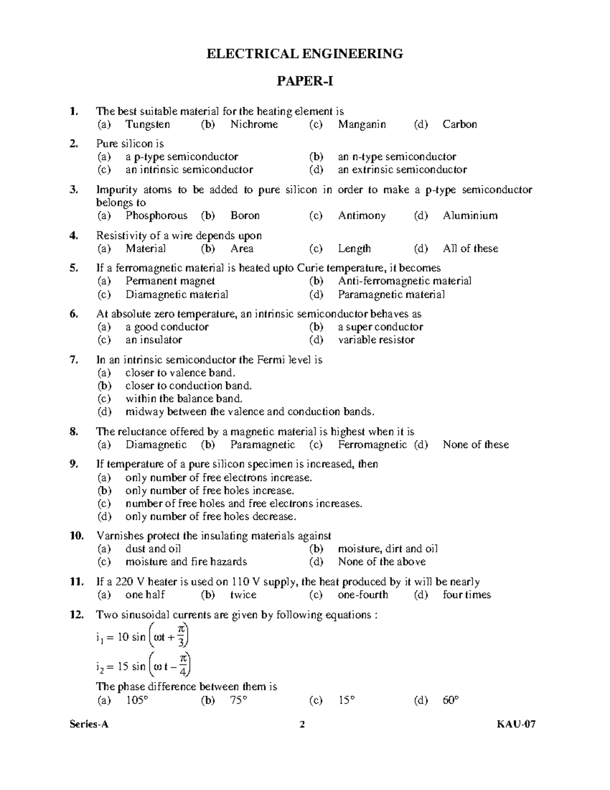 KAU-07 Ele - reports - Series-A 2 KAU- ELECTRICAL ENGINEERING PAPER-I 1 ...
