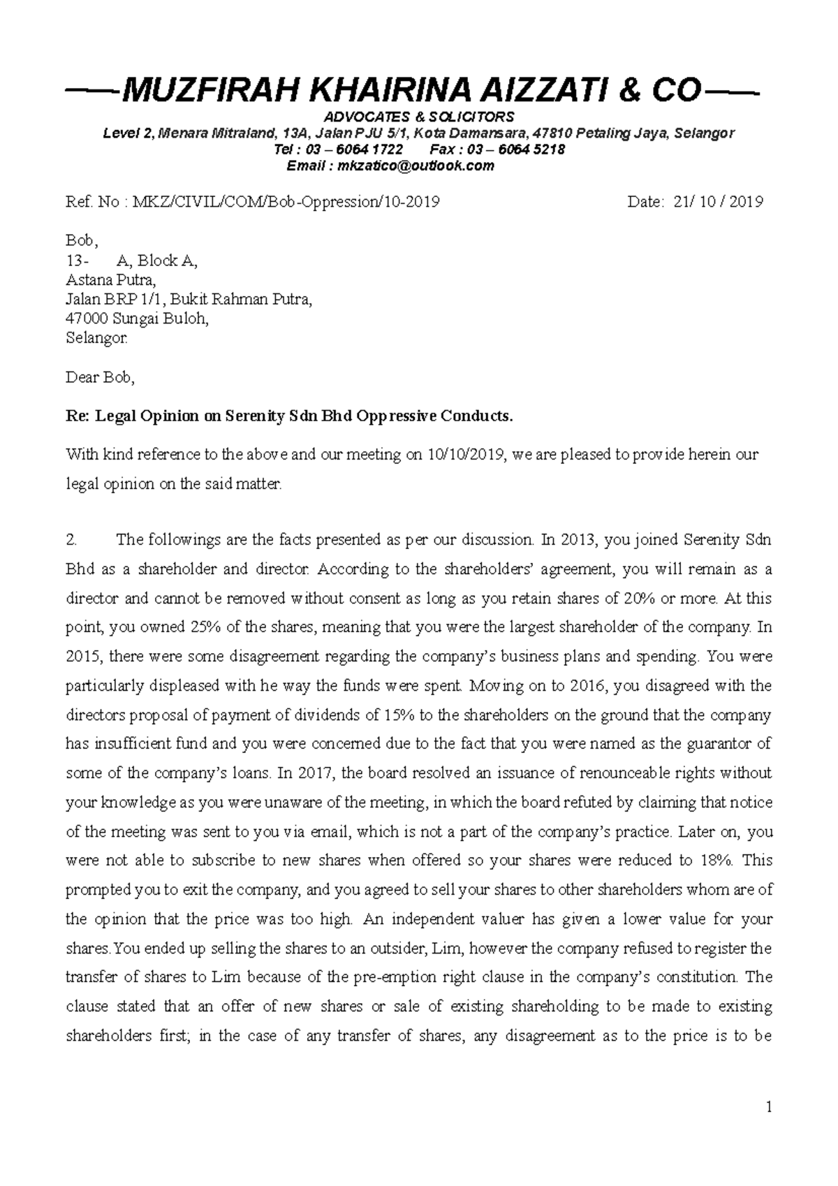 Legal Opinion Writing - Oppressive Conduct of Company - MUZFIRAH ...