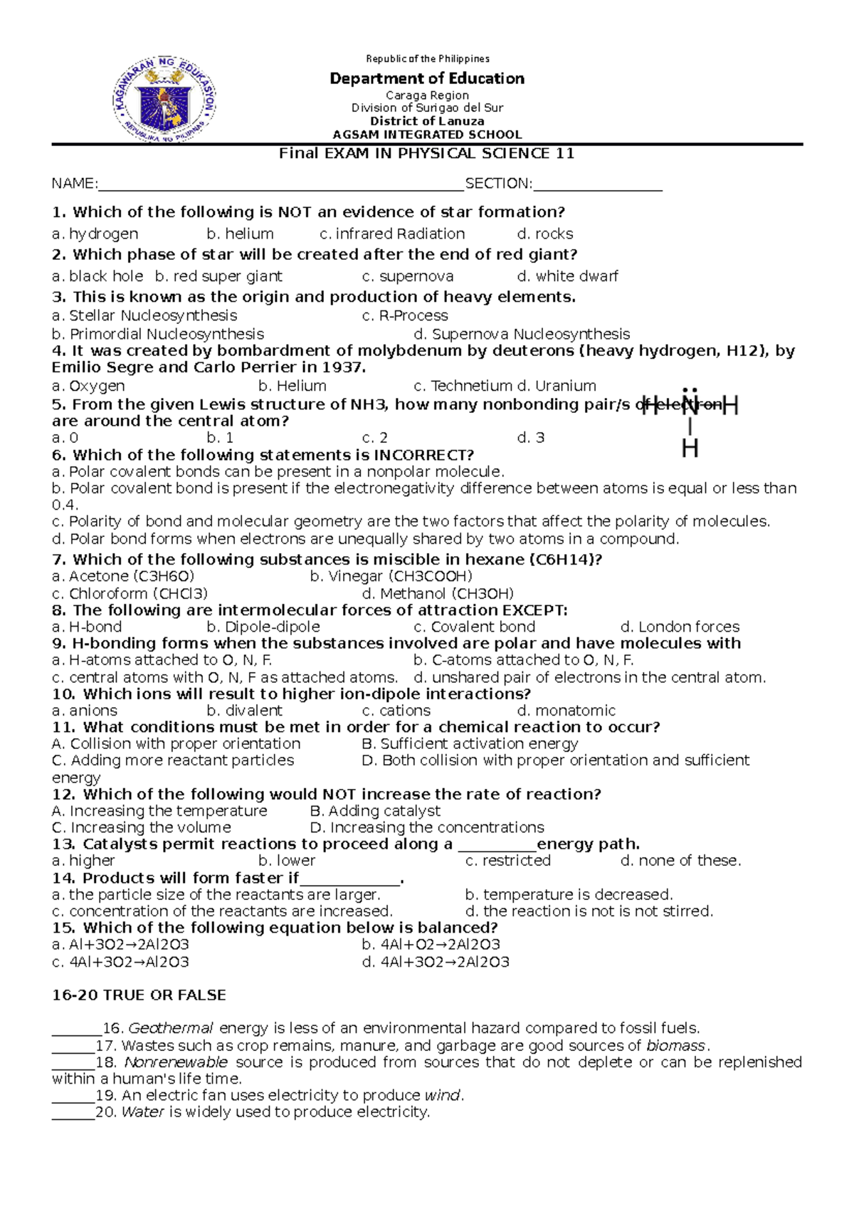 Final EXAM IN Physical Science 11 - Republic of the Philippines ...