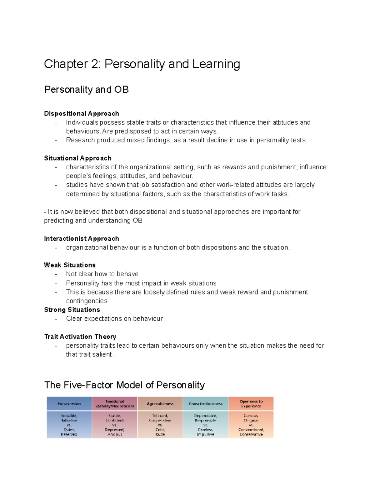 BU288 Text Notes - Chapter 2: Personality and Learning Personality and ...