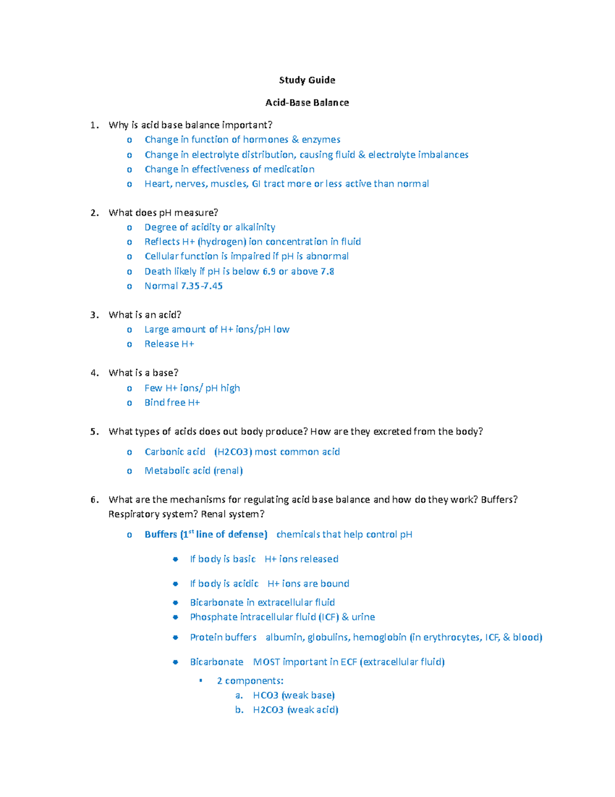 Study Guide Acid Base Balance-1 - Study Guide Acid-Base Balance Why is ...
