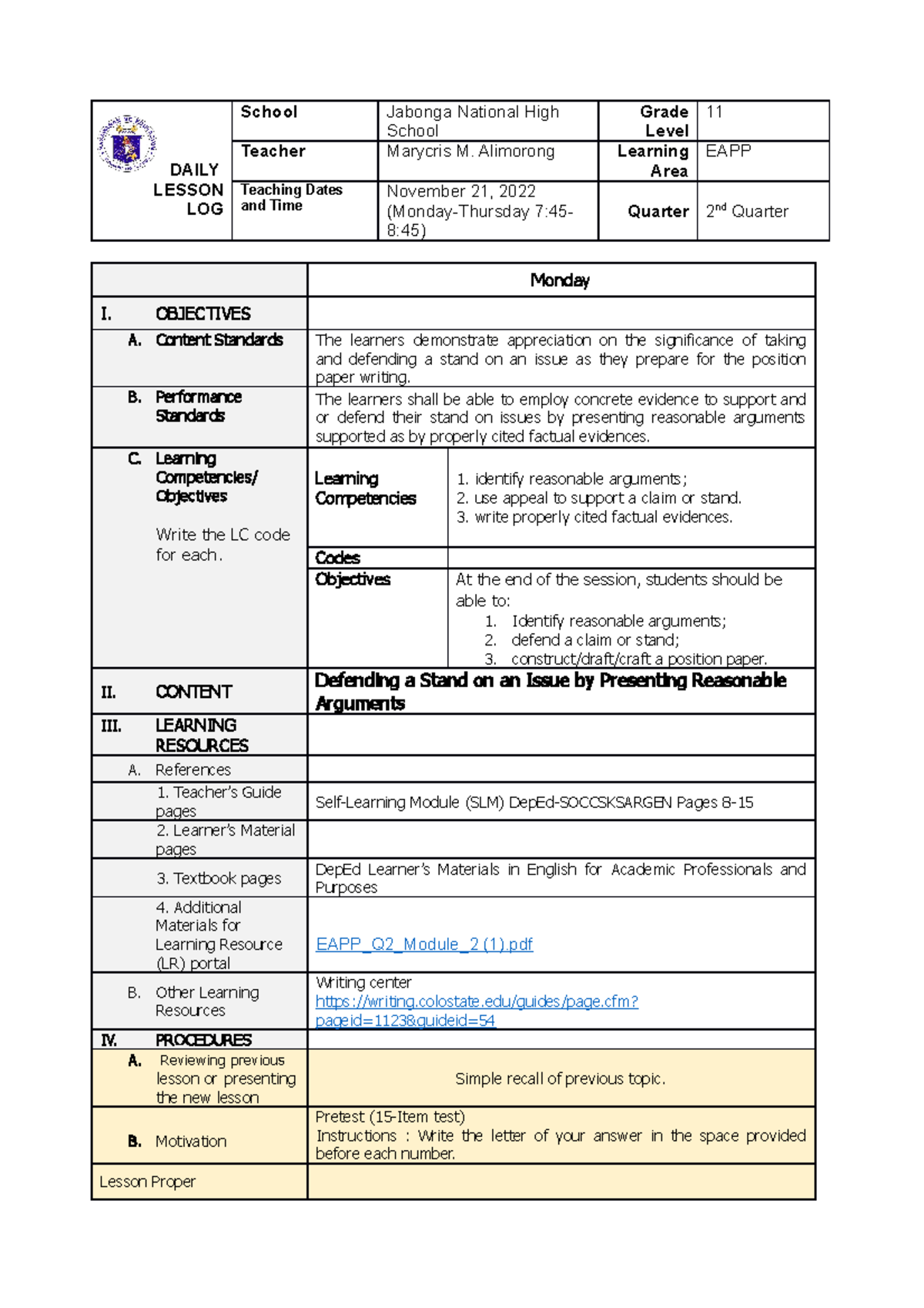 DLL-ellen - EAPP - DAILY LESSON LOG School Jabonga National High School ...