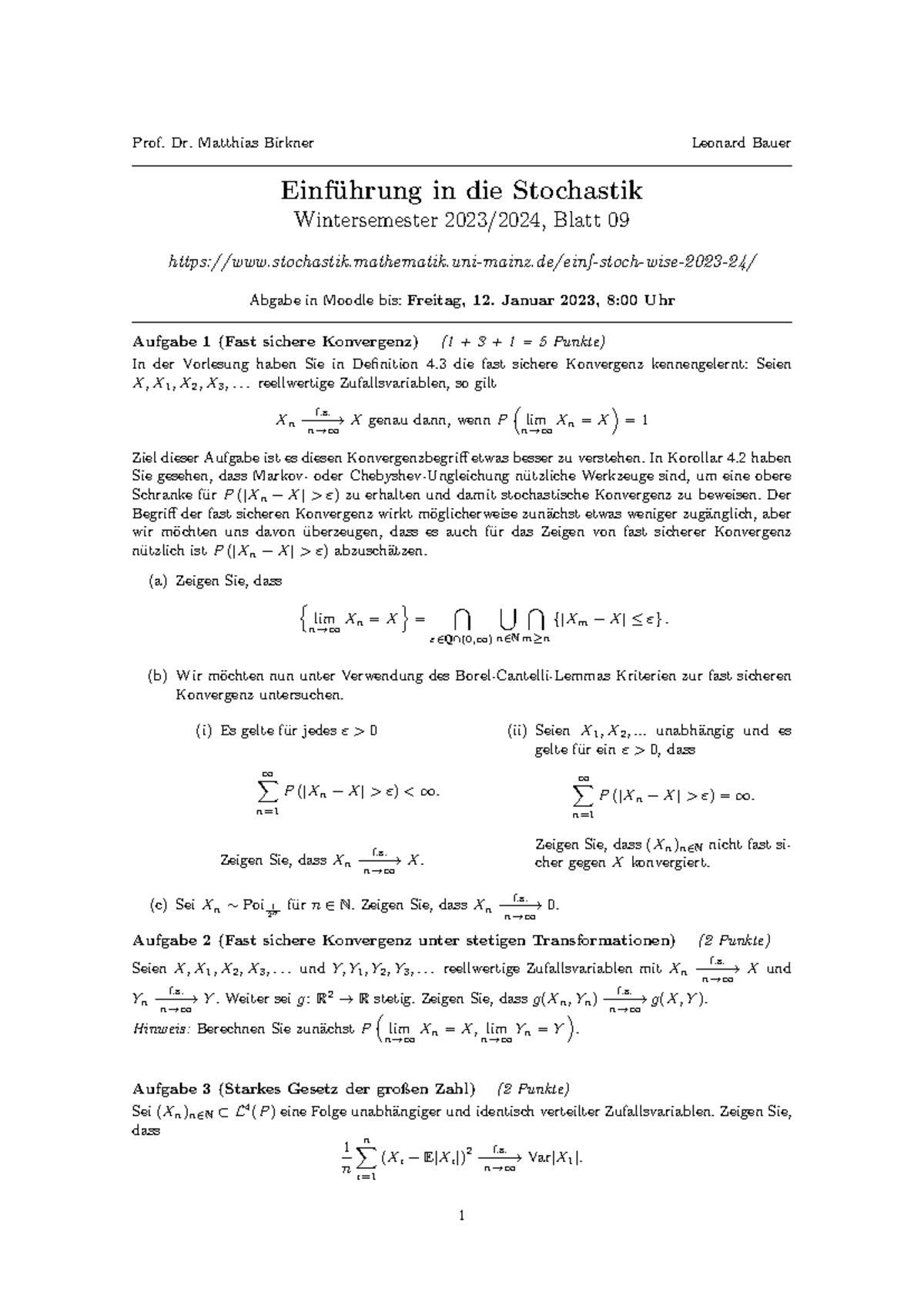 Grundlagen der Stochastik Wi Se 23 24 Blatt 09 - Prof. Dr. Matthias ...