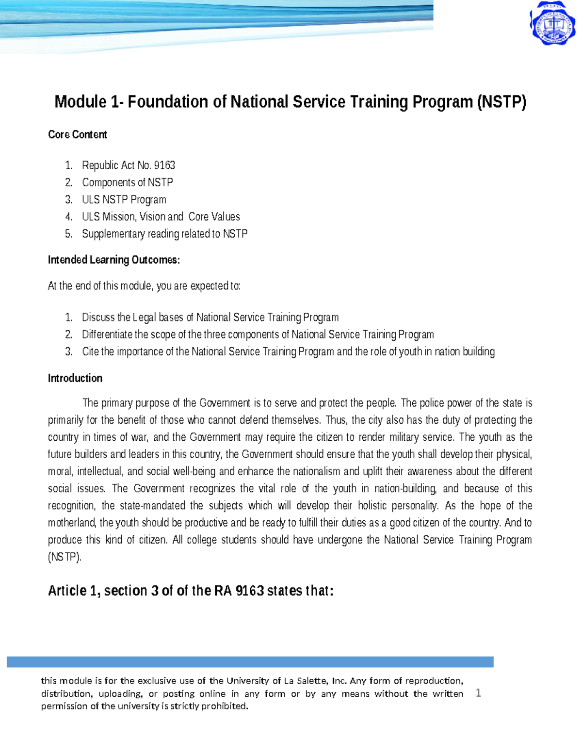NSTP m Odule 1 - Module 1- Foundation of National Service Training ...