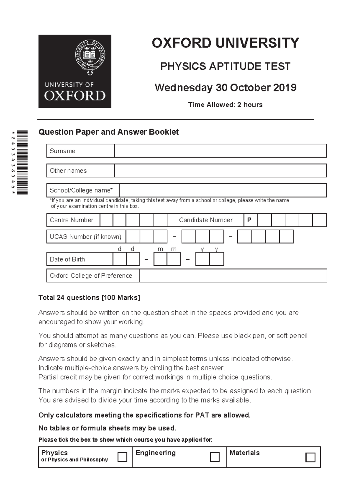 Pat-2019 - Notes - OXFORD UNIVERSITY PHYSICS APTITUDE TEST - Studocu