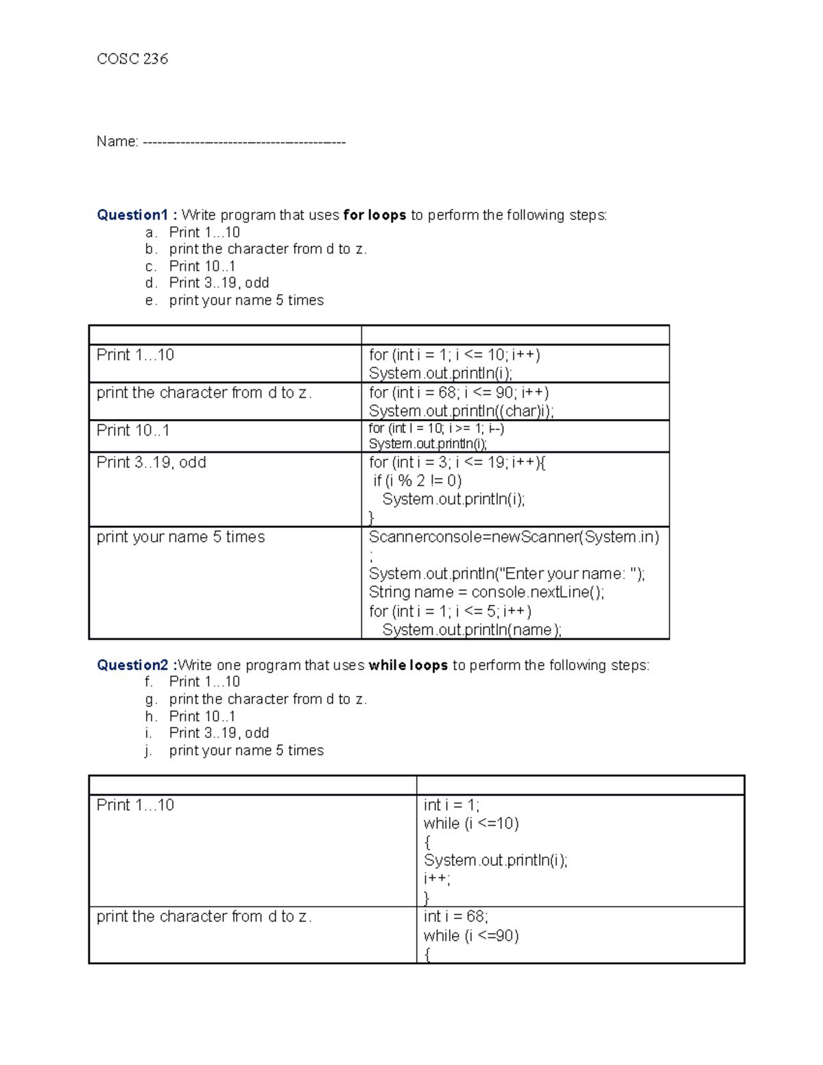 Lab41 Lab Programming Assignment Name Question1 Write Program That Uses For Loops To