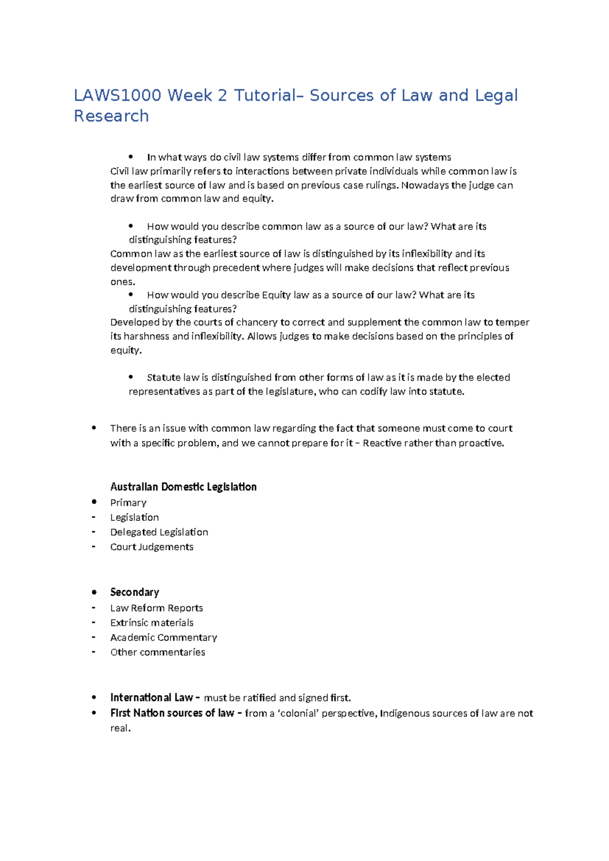 LAWS1000 Week 2 Tutorial Notes - LAWS1000 Week 2 Tutorial– Sources of ...
