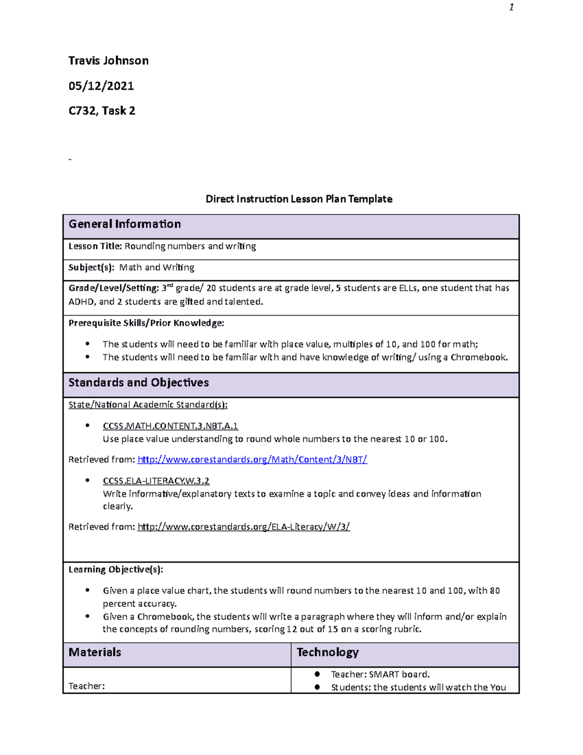 C732 tasktwo - C732, task two submission of the lesson plan. Passed on ...