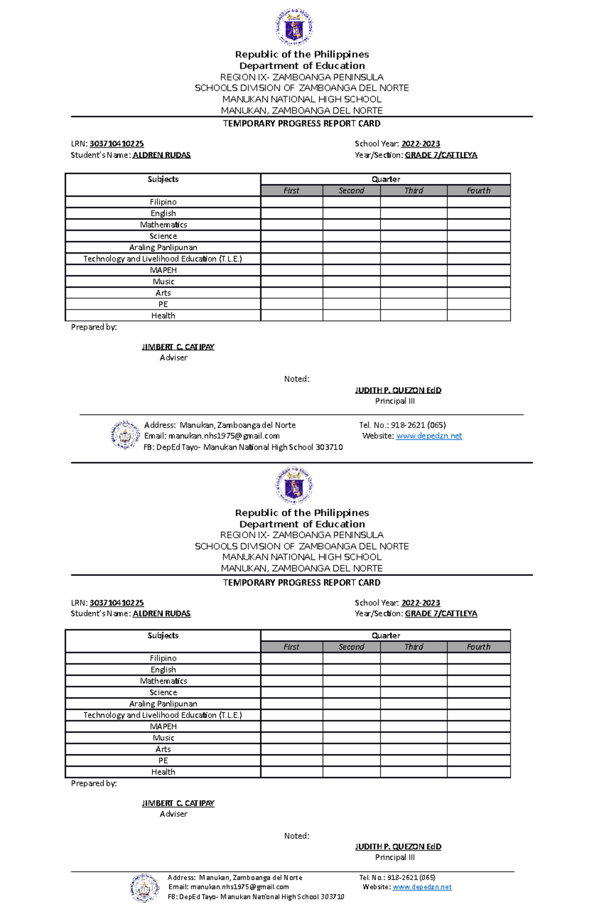Temporary sf9 - Republic of the Philippines Department of Education ...