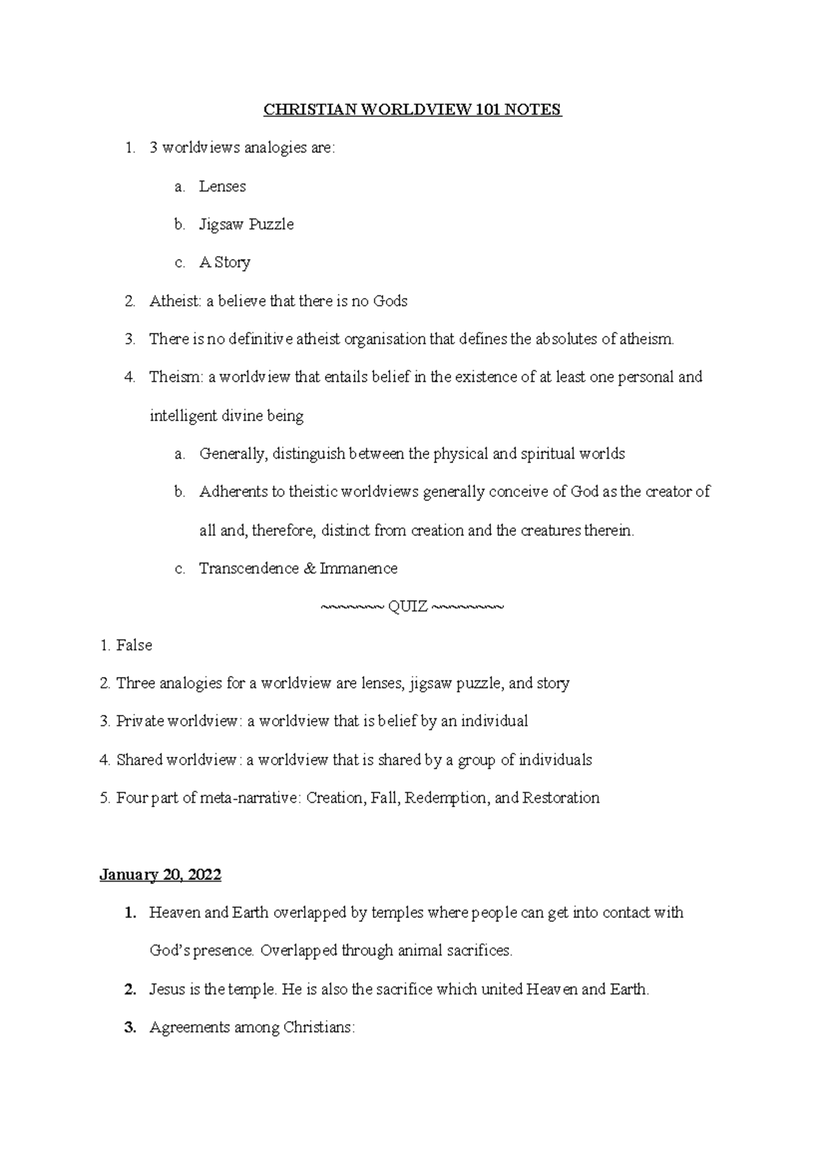 CWV-101 Notes - CHRISTIAN WORLDVIEW 101 NOTES 3 worldviews analogies ...
