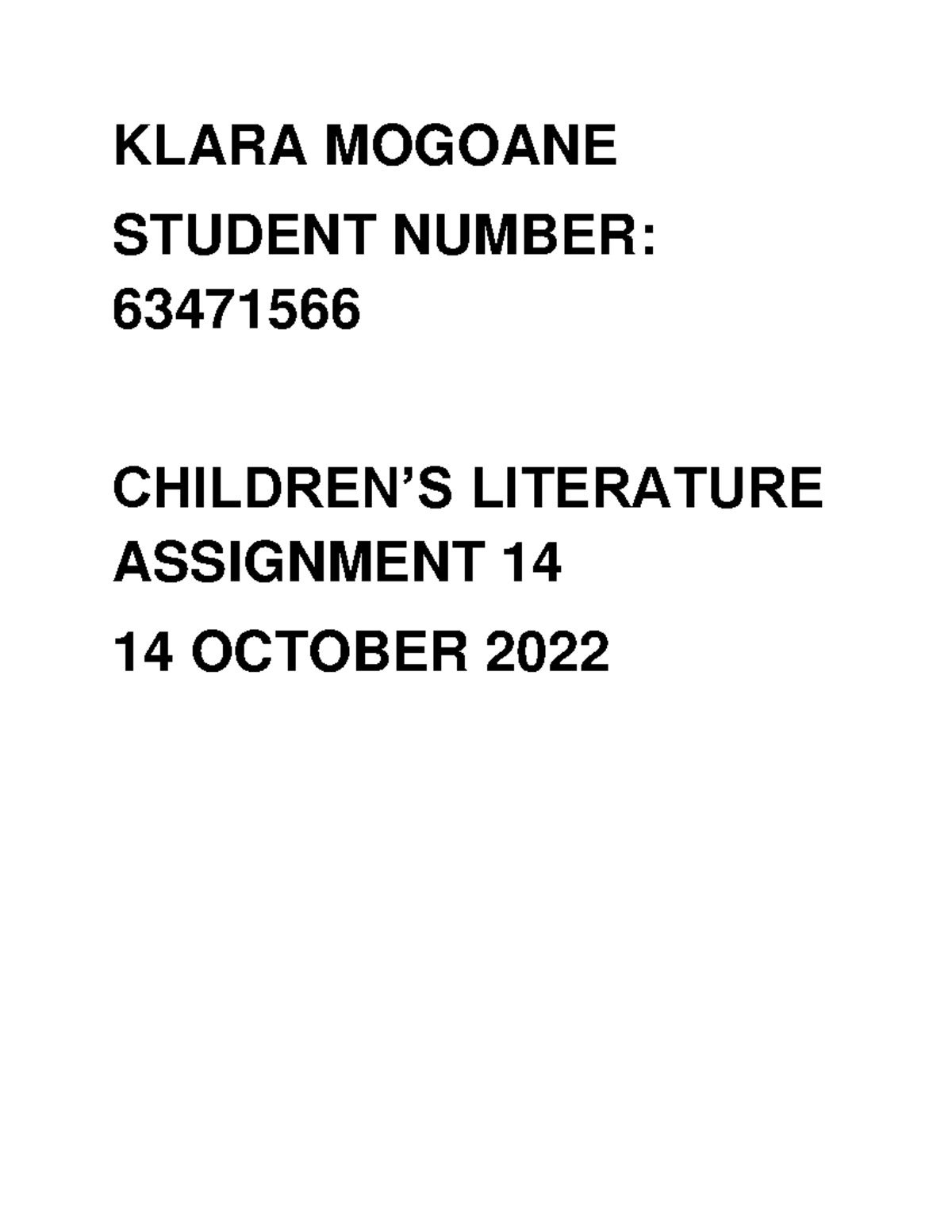 CHL Assignment 14 - 100% pass guarantee - KLARA MOGOANE STUDENT NUMBER ...