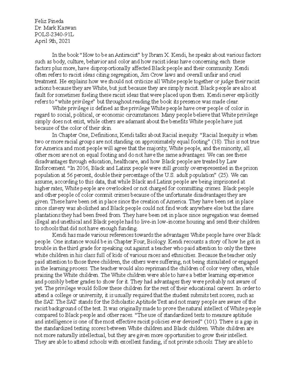 Week 12 Short Essay How to be an Antiracist by Ibram X. Kendi - Feliz ...