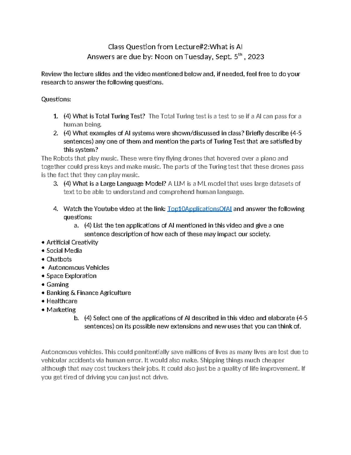 2023-Week2 What Is AI-Assignment - Class Question from Lecture#2:What is AI Answers are due by ...
