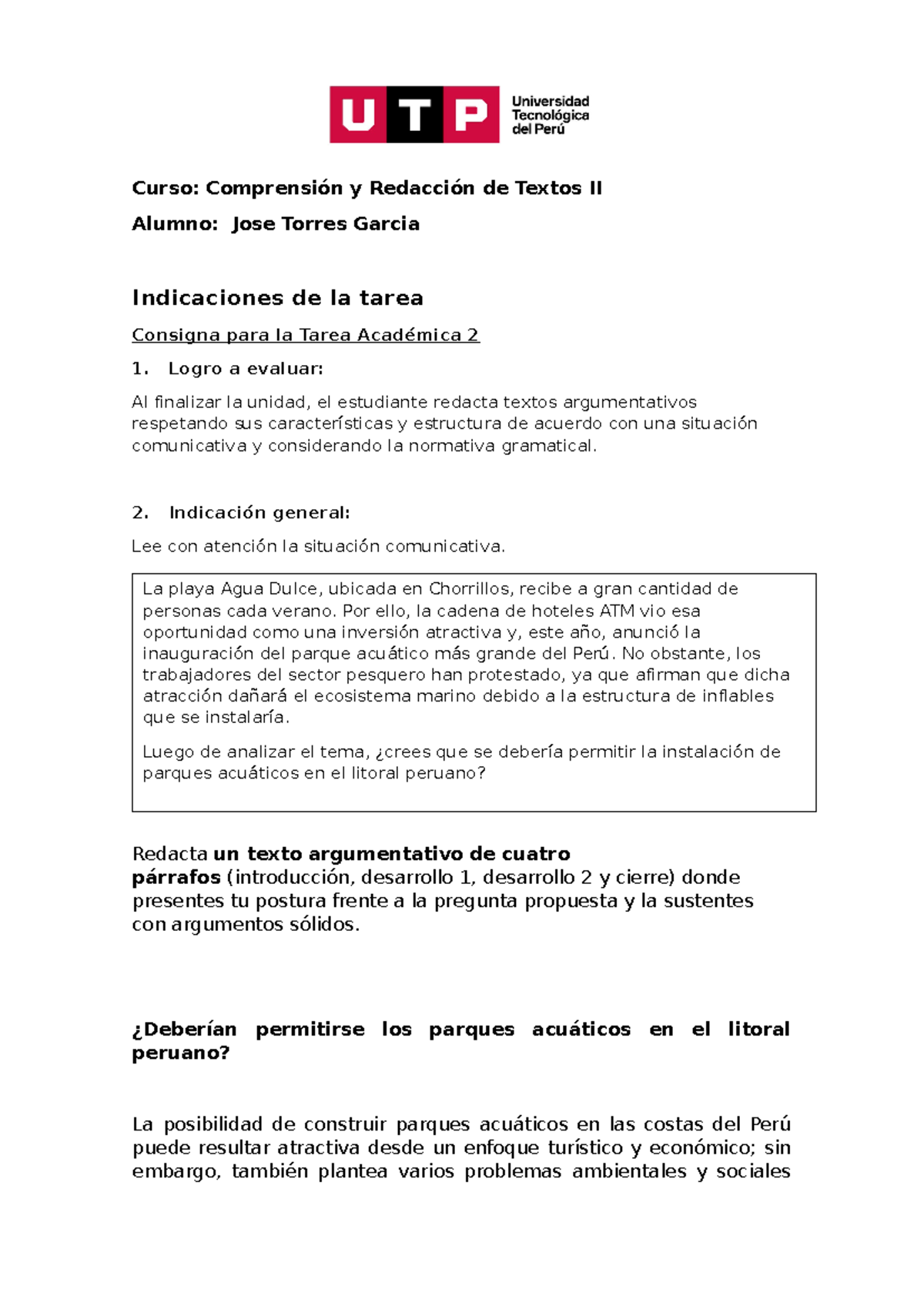 Comprension y redaccion de textos TA2 - Curso: Comprensión y Redacción de Textos II Alumno: Jose ...