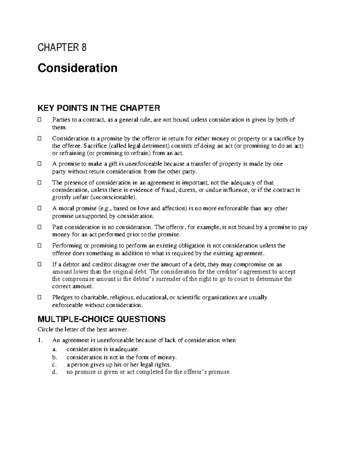 Ch08 Consideration - business law and ethics - CHAPTER 8 Consideration ...