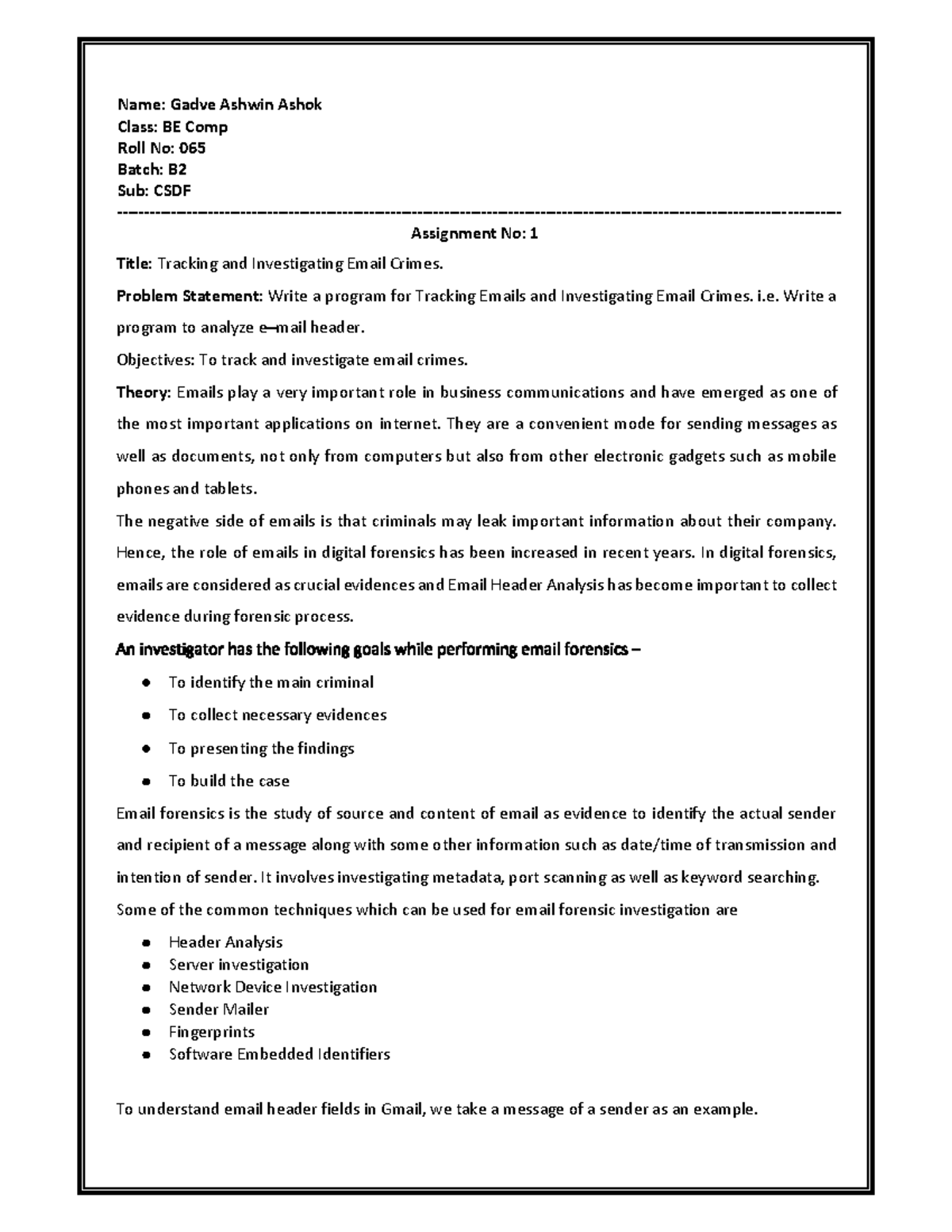 CSDF Assignments - Name: Gadve Ashwin Ashok Class: BE Comp Roll No: 065 Batch: B Sub: CSDF ...