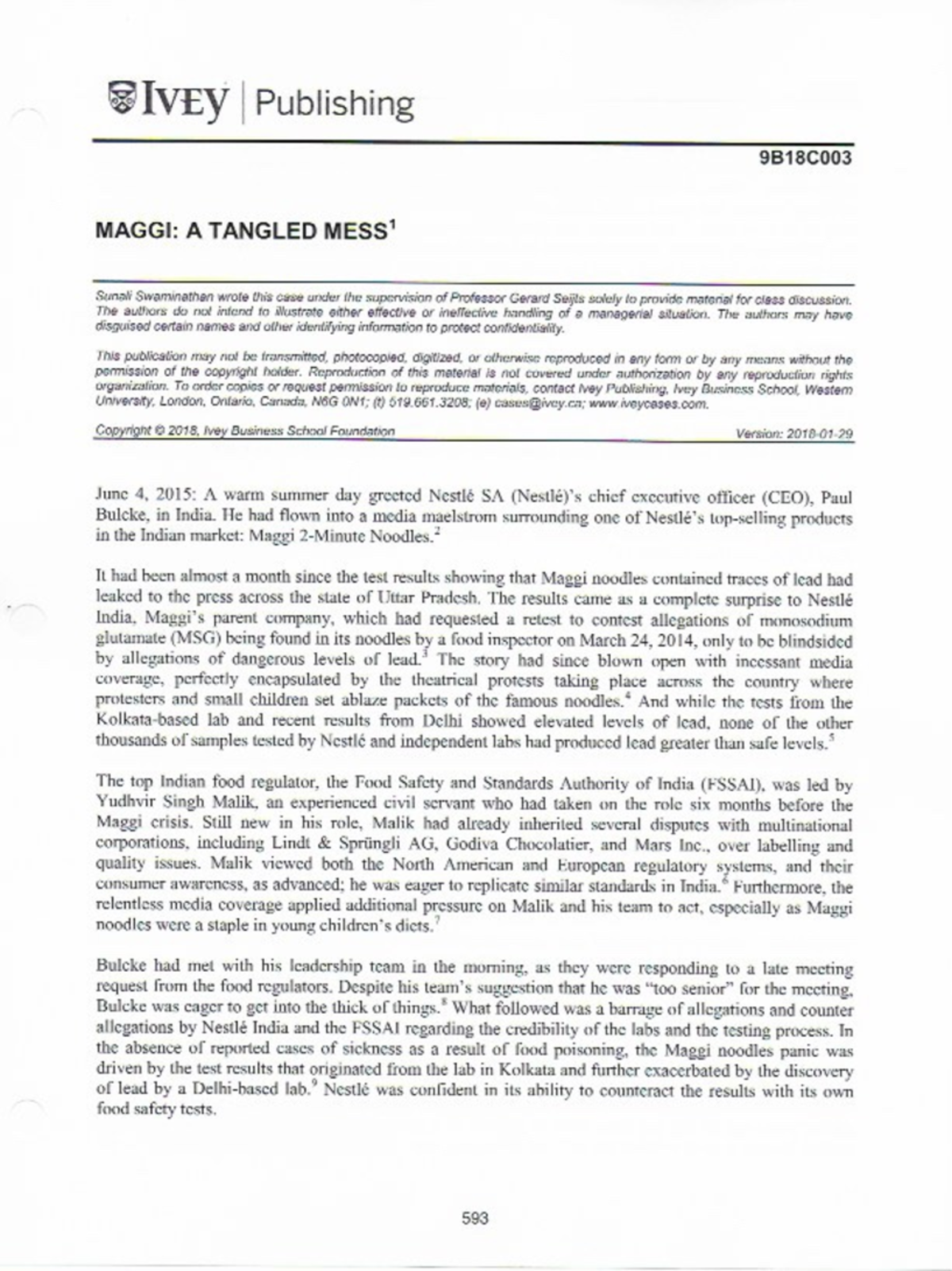 Maggi Noodles Case - Lecture notes 3 - IVEY Publishing 9B18C003 MAGGI ...