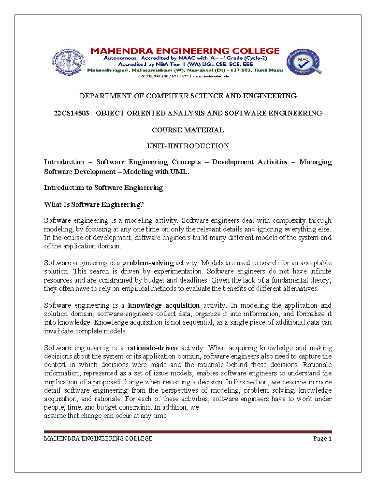 Unit I notes - DEPARTMENT OF COMPUTER SCIENCE AND ENGINEERING 22CS14503 ...