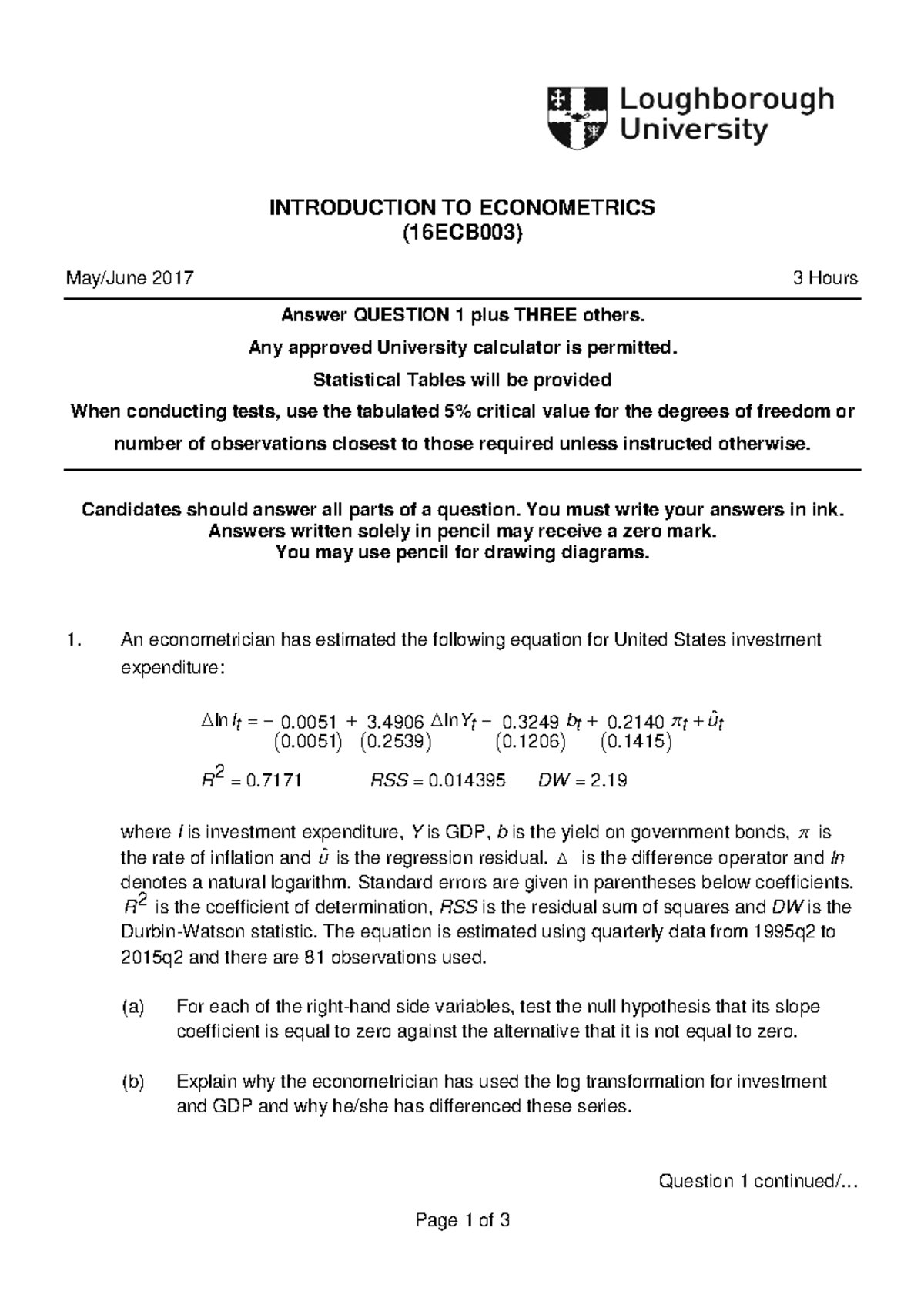 16ECB003 - 06 2017 Exam Question intro to econometrics - INTRODUCTION ...