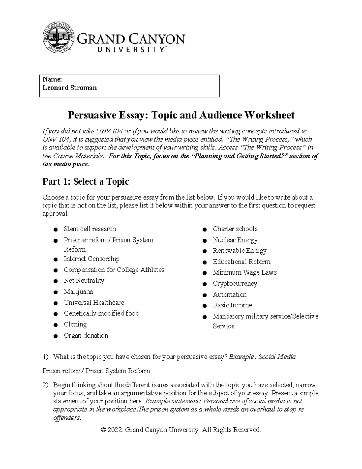 Turn in - good notes - Persuasive Essay: Topic and Audience Worksheet ...