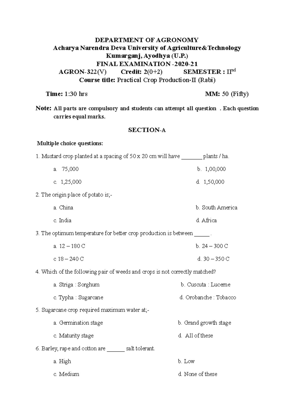 Agron 322 (V) PCP - Previous year paper - DEPARTMENT OF AGRONOMY ...