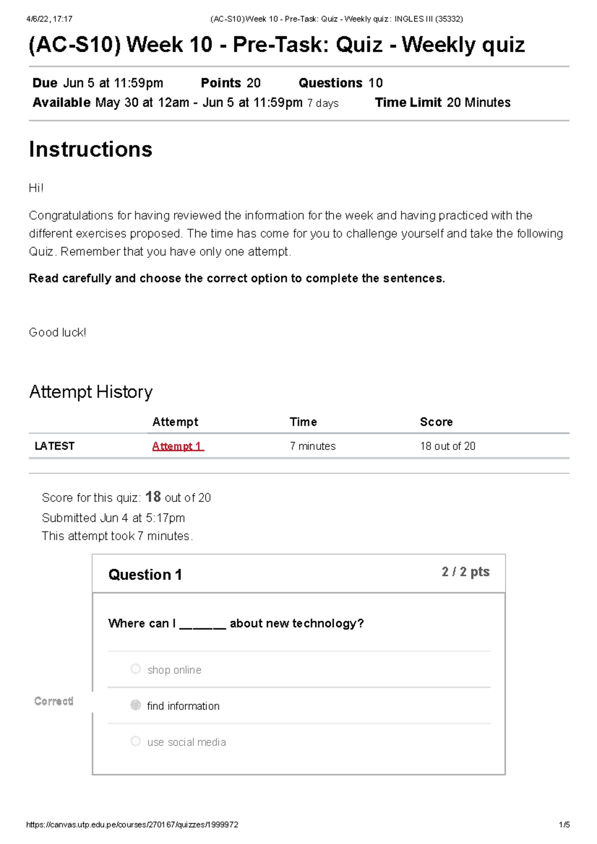 (AC-S10) Week 10 - Pre-Task Quiz - Weekly quiz Ingles III (35332) - (AC ...