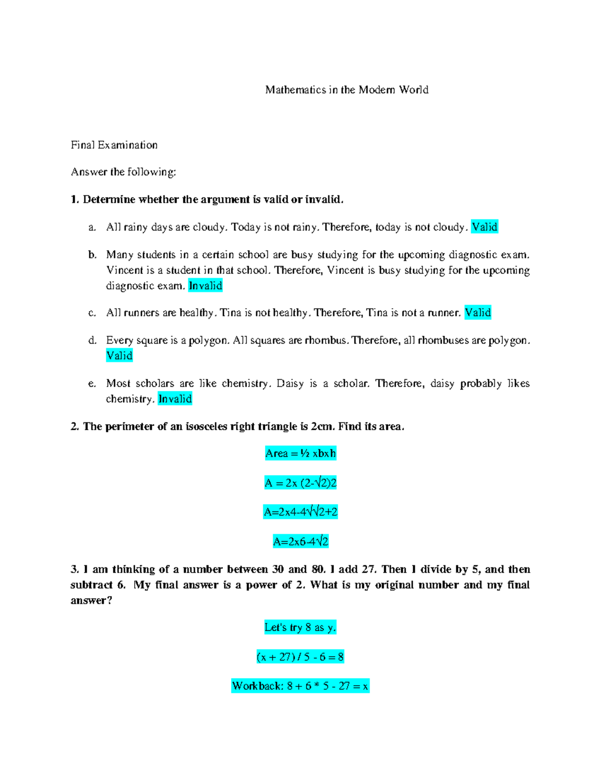 Final Examination in MMW - Mathematics in the Modern World Final ...