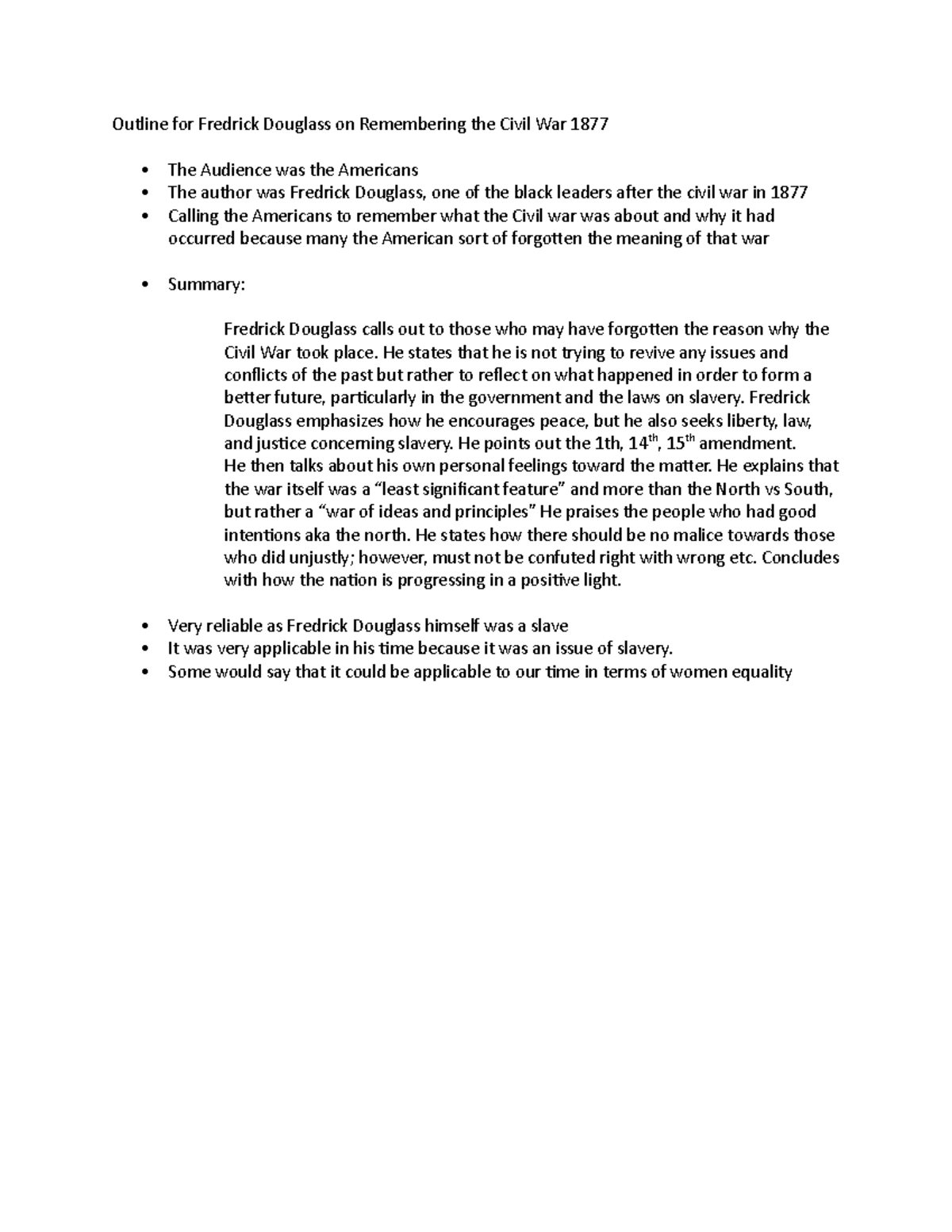 HIS 212- Primary Source Reflection Outline - Outline for Fredrick ...