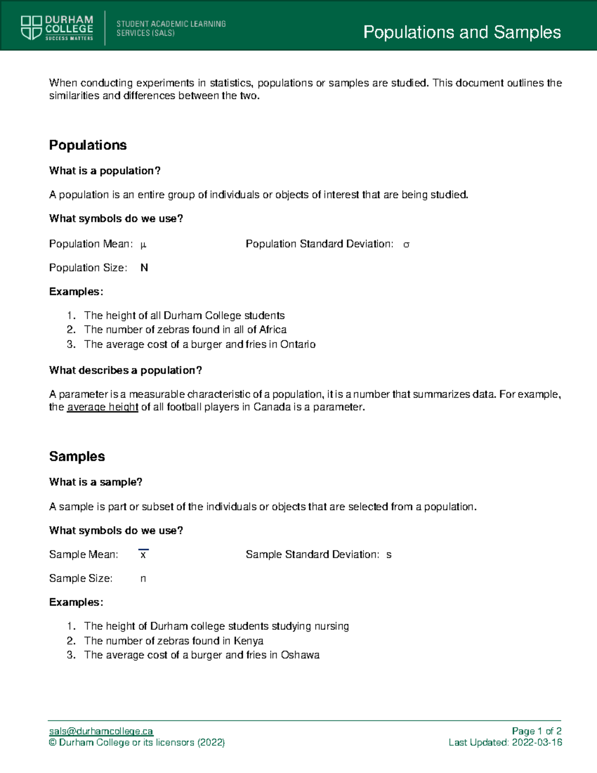 Populations and Samples - MATH 2201 - Durham College - Studocu