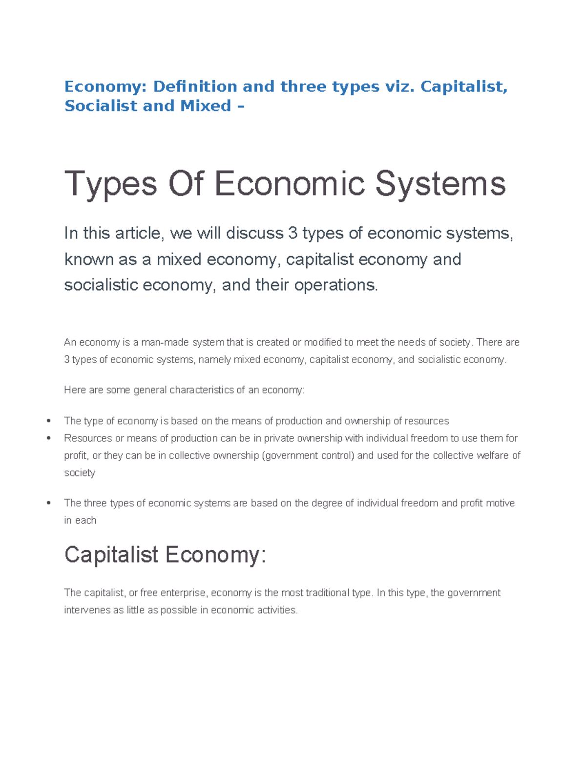 Economics test reading - Economy: Definition and three types viz ...