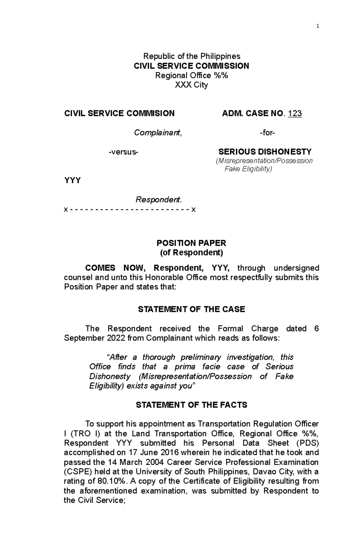 Position paper civil service - Republic of the Philippines CIVIL ...