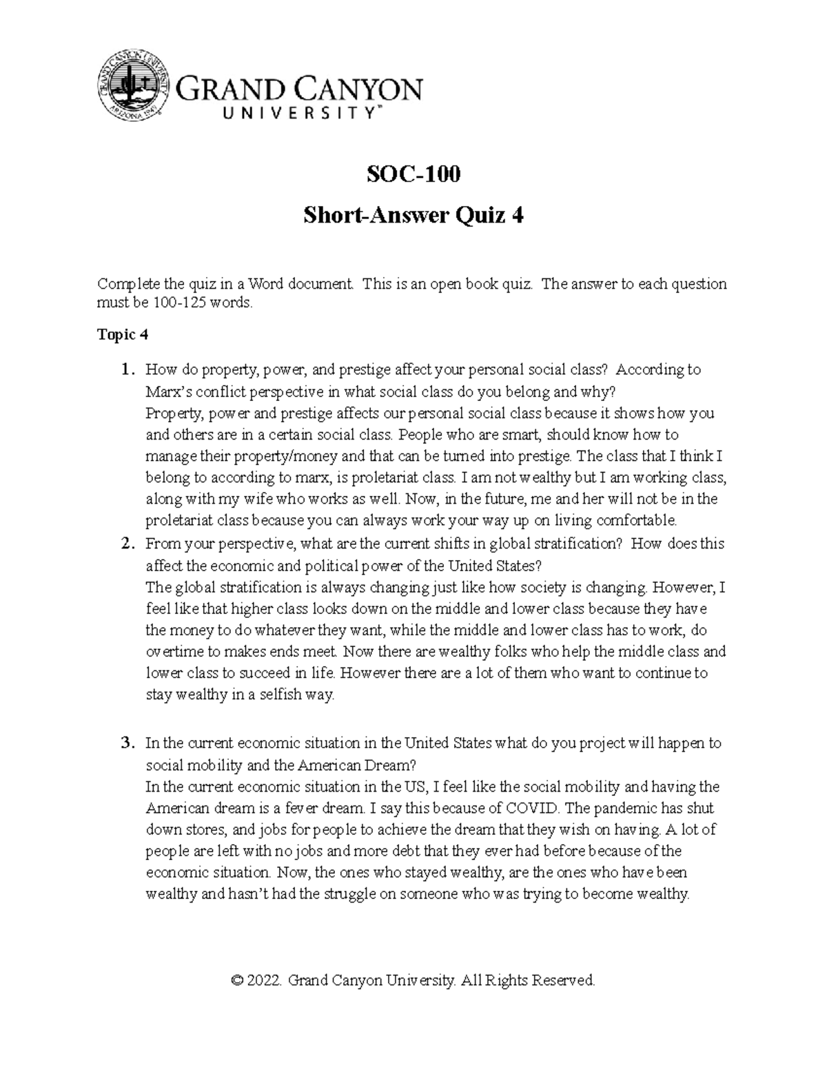 SOC-100. Quiz 4 smith - quiz week 4 - SOC- Short-Answer Quiz 4 Complete ...