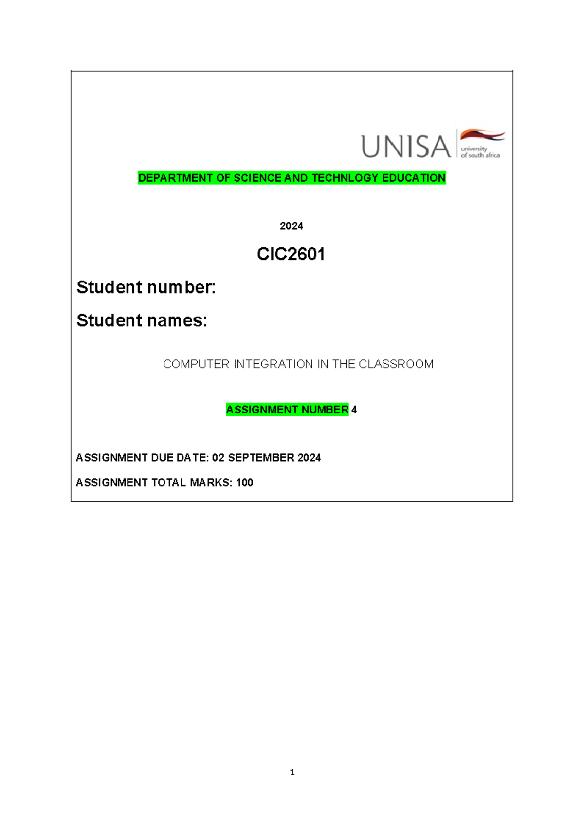 CIC2601 Assignment 4 - DEPARTMENT OF SCIENCE AND TECHNLOGY EDUCATION ...