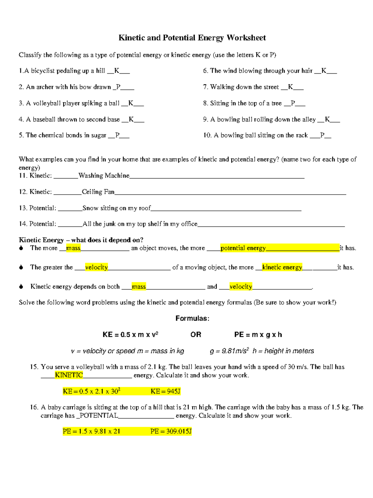 415507464 Kinetic and Potential Energy Worksheet Answer Key - Kinetic ...