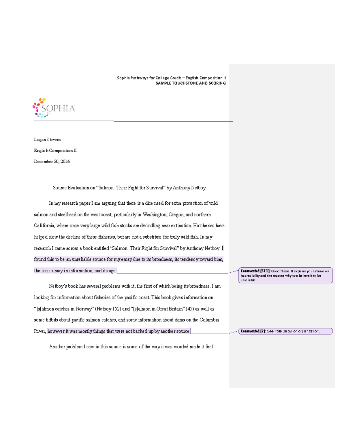 Touchstone 2.1 Essay - SAMPLE TOUCHSTONE AND SCORING Logan Stevens ...